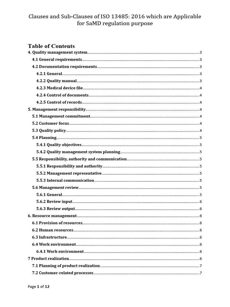Clauses and Sub-Clauses of ISO 13485 2016 Which Are Applicable For SaMD ...