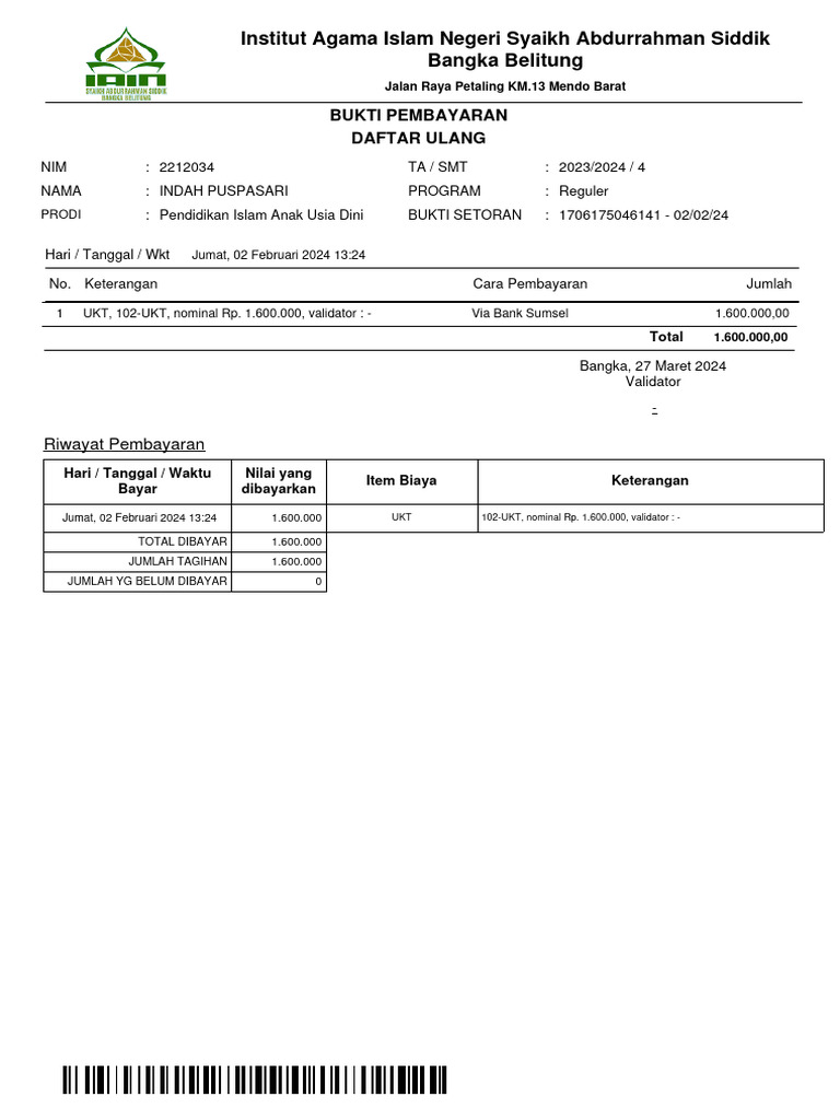 Bukti - Pembayaran - Mahasiswa - Berdasar - Sejarah - 27 - Maret - 2024 | PDF