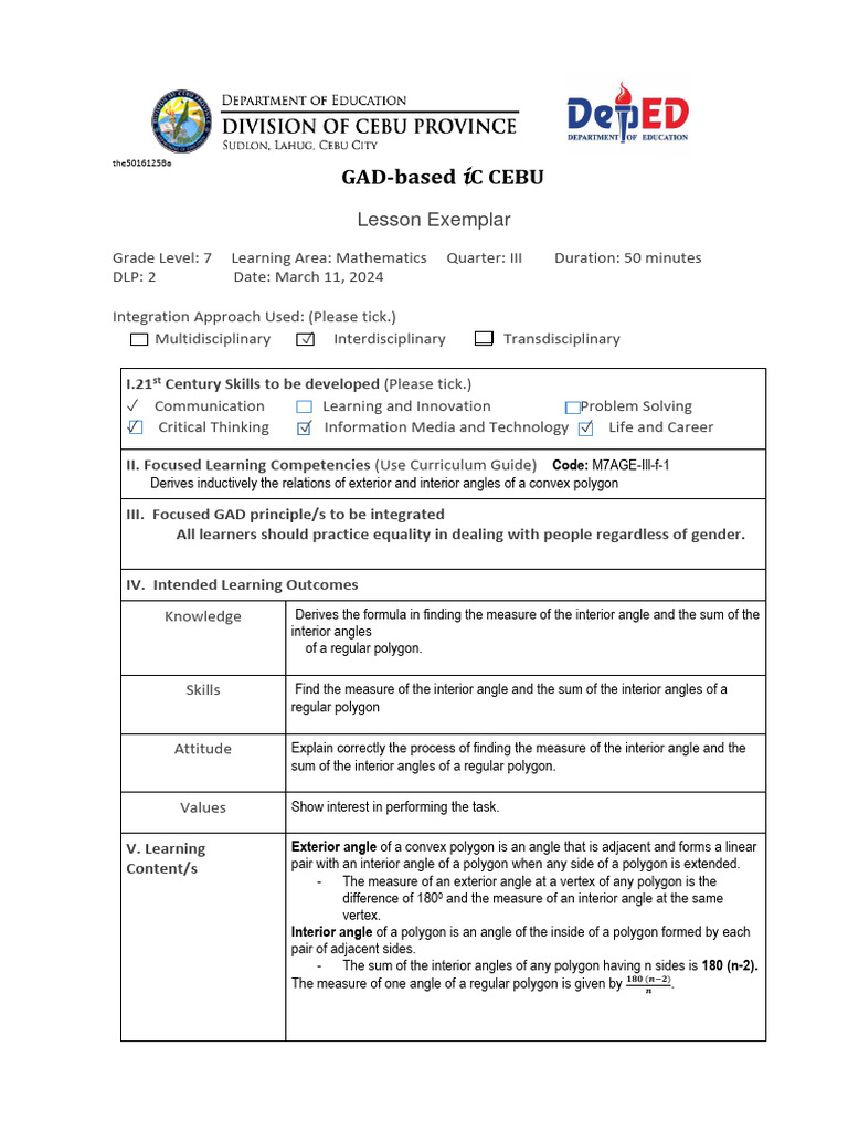 DLP - 2 Interior and Exterior Angle | PDF | Polygon | Triangle