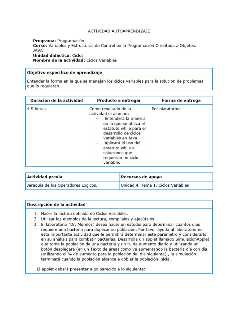 Ciclos Variables en Java: Actividad Práctica | PDF