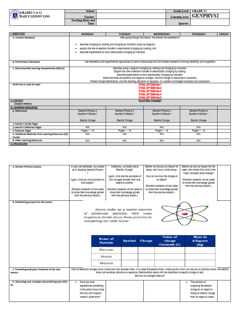 Genphys2: GRADES 1 To 12 Daily Lesson Log Grade 12 | PDF | Electric Charge | Electrostatics