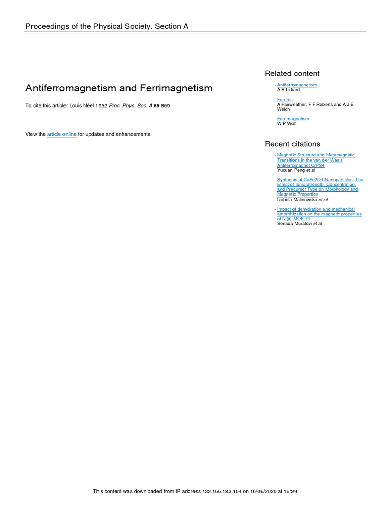 Néel - 1952 - Antiferromagnetism and Ferrimagnetism | PDF ...