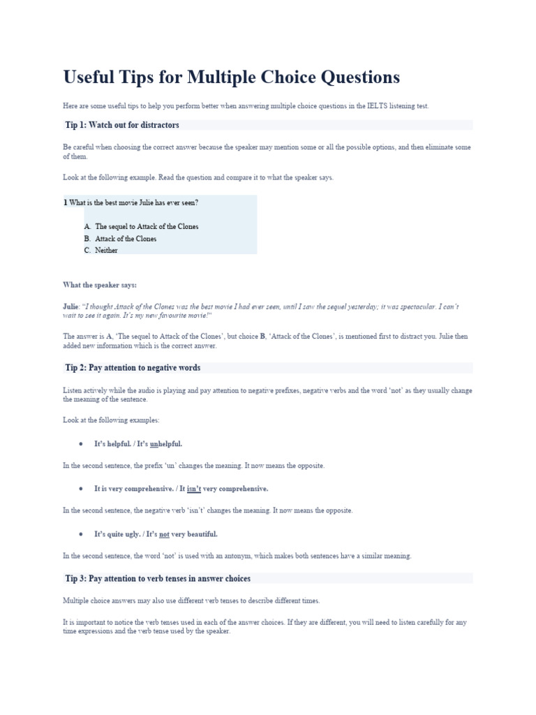 Useful Tips For Multiple Choice Questions | PDF | Verb | Grammatical Tense