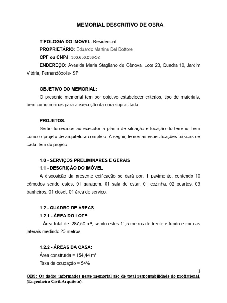 Memorial Descritivo de Obra | PDF | Argamassa (alvenaria) | Materiais ...