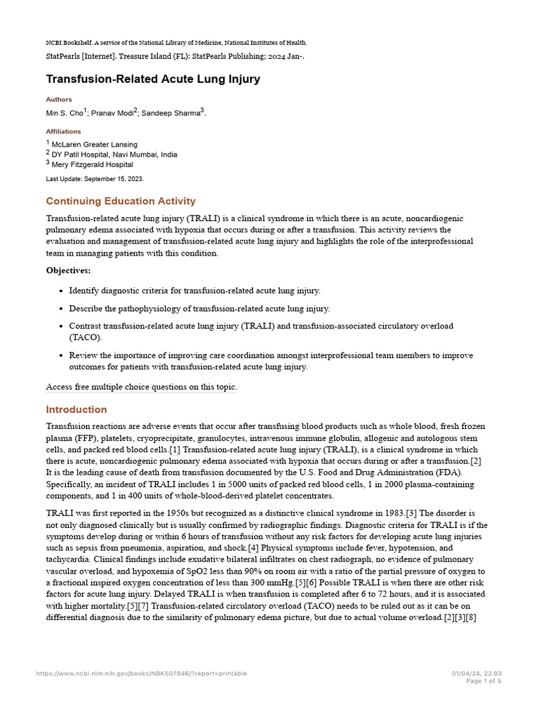Transfusion-Related Acute Lung Injury - StatPearls - NCBI Bookshelf ...