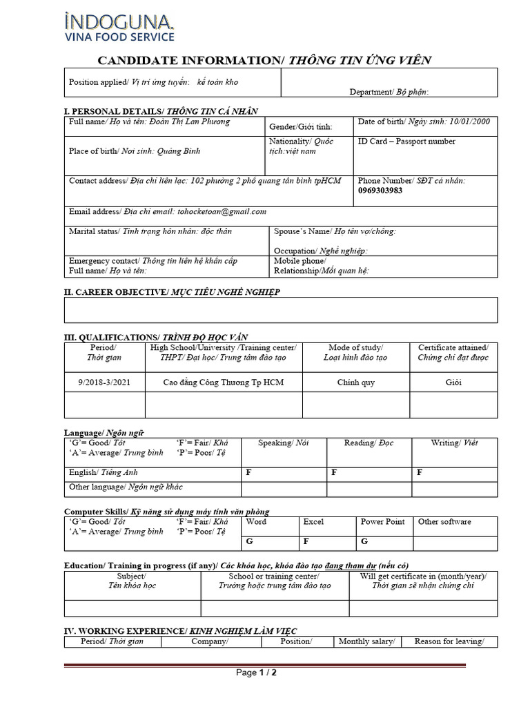 CANDIDATE INFORMATION - Form mẫu | PDF