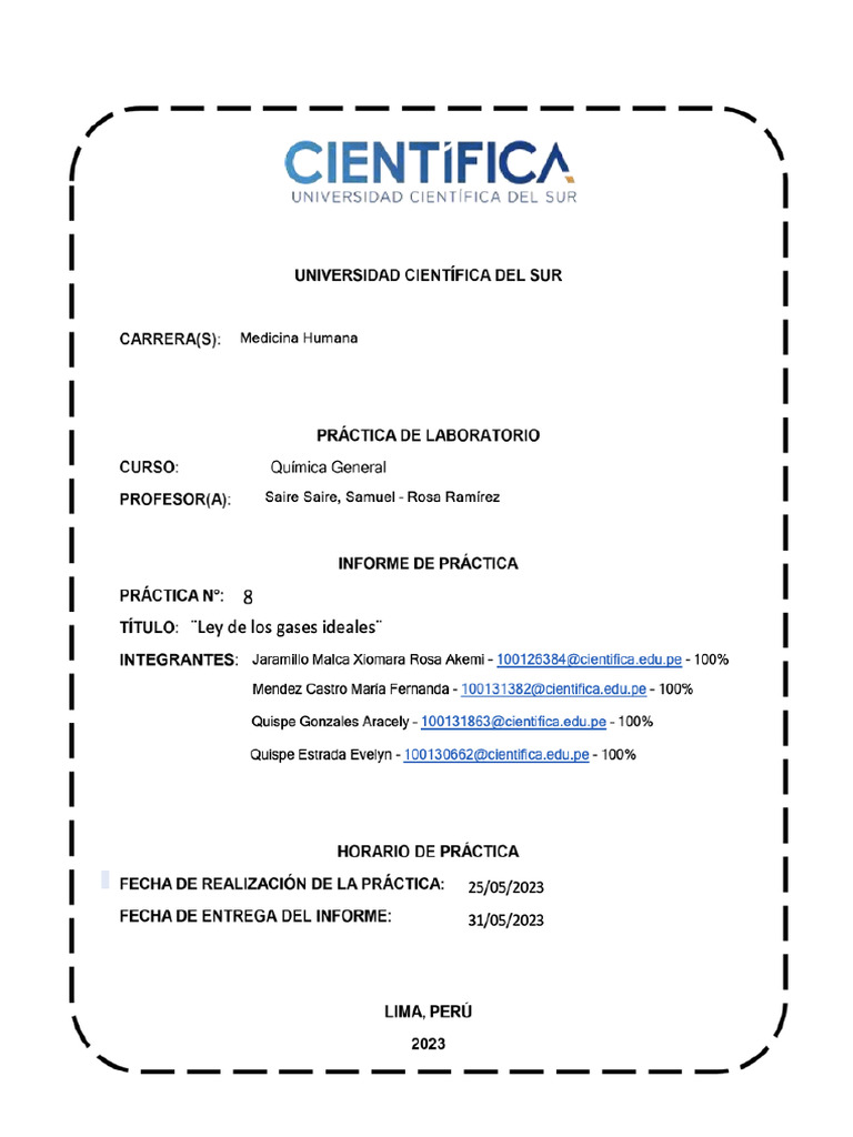 Informe 8_ Ley de los gases ideales | PDF | Gases | Medición