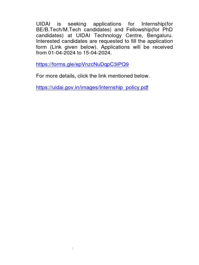 UIDAI Internship and Fellowship 2024 | PDF