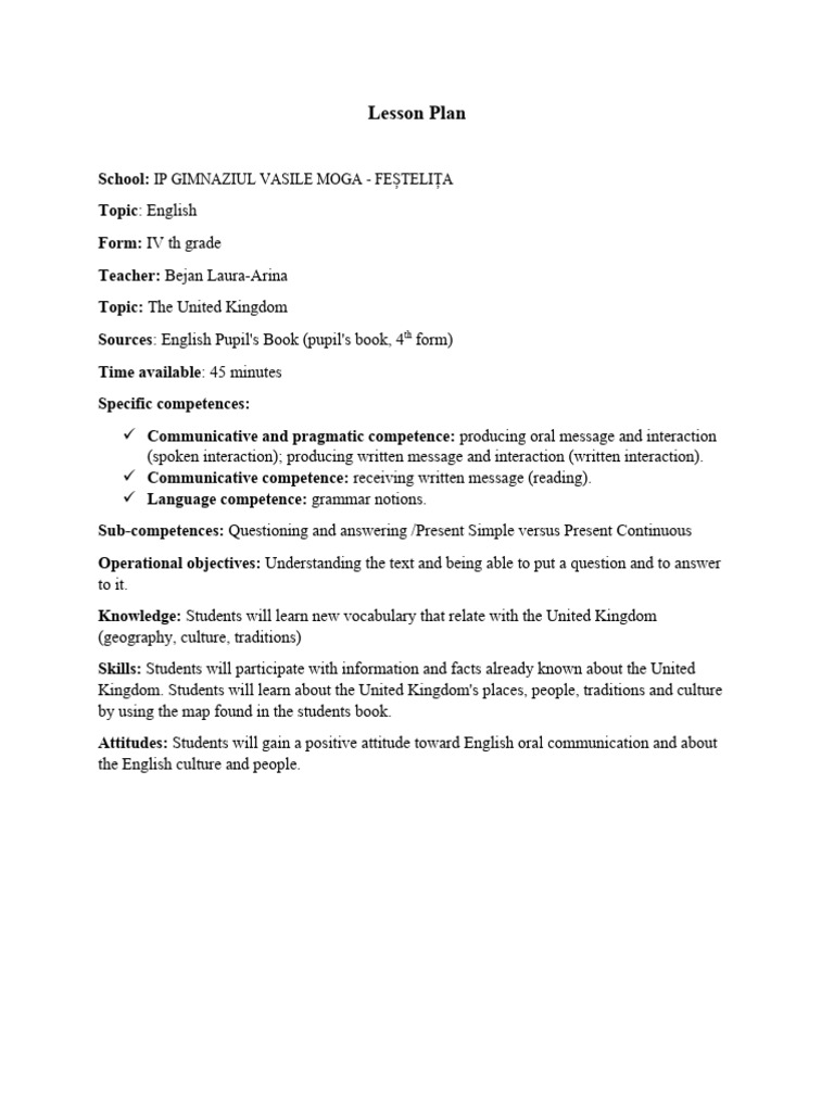 Lesson Plan 4 TH Grade United Kingdom | Download Free PDF | Lesson Plan ...