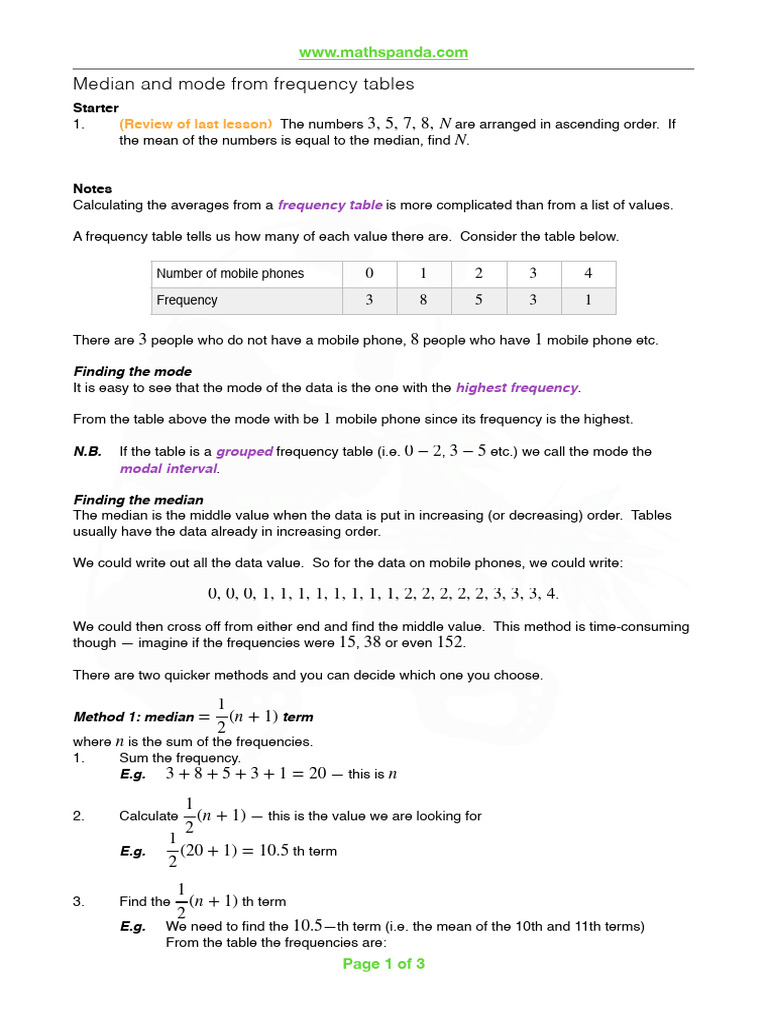 Median and Mode From Frequency Tables LESSON | PDF | Mode (Statistics) | Median