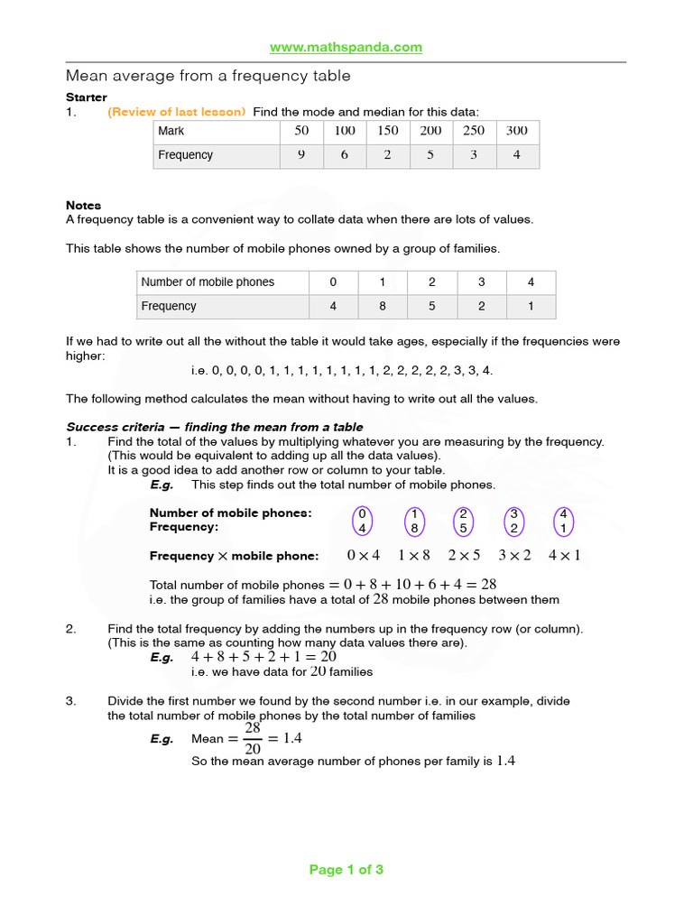 Mean Average From A Frequency Table LESSON | PDF | Mean | Arithmetic Mean