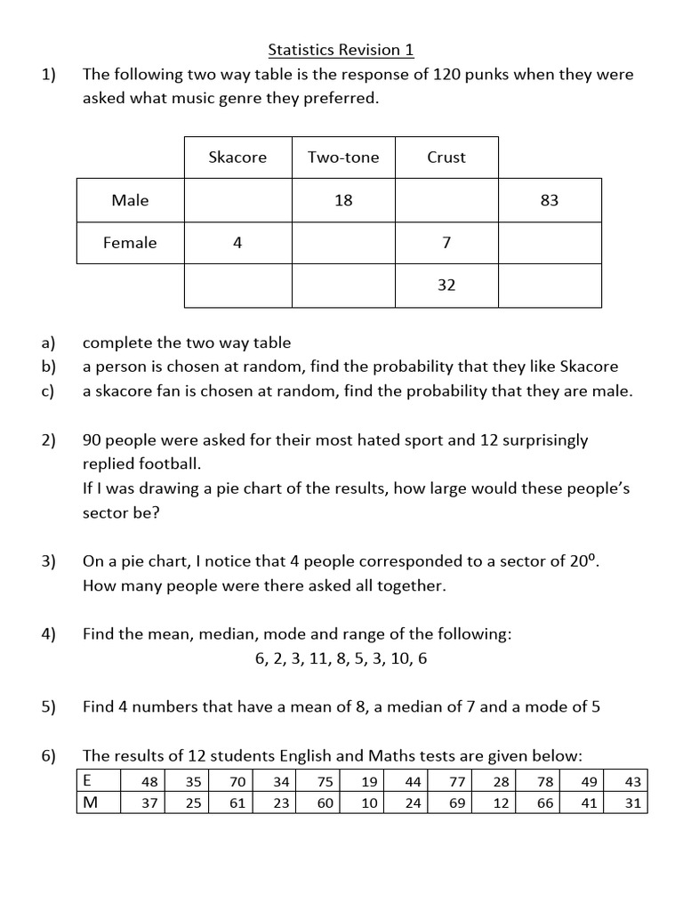 Y9 Skills Sheet 9 - Statistics 1 | PDF
