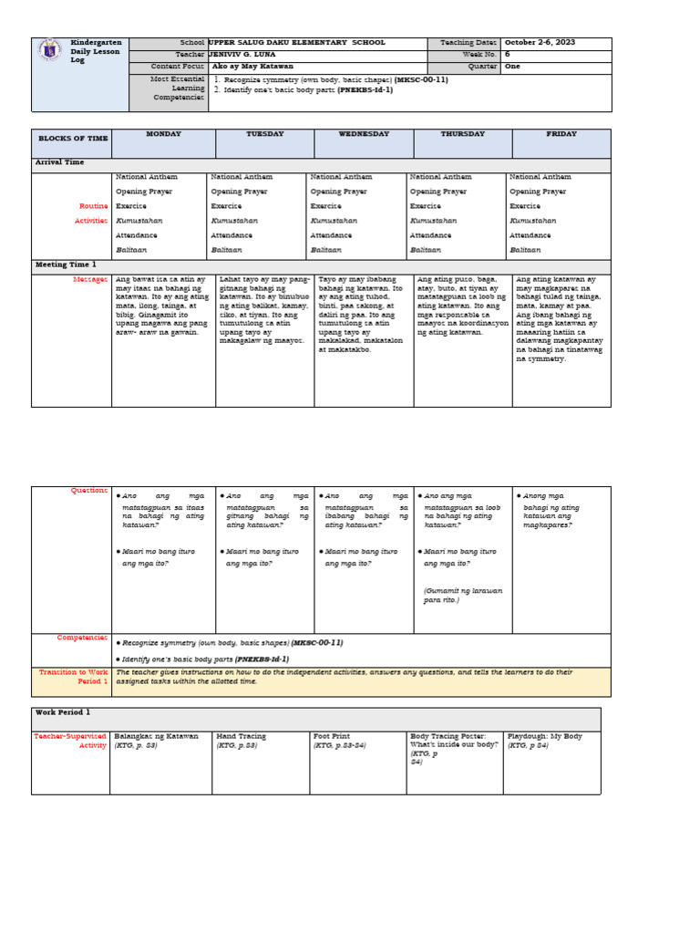 Kindergarten Daily Lesson Log WEEK 6 Q1 | PDF