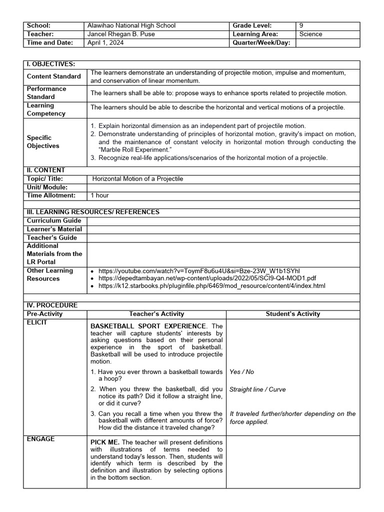 LP 1 Horizontal and Vertical Motions of A Projectile | Download Free ...