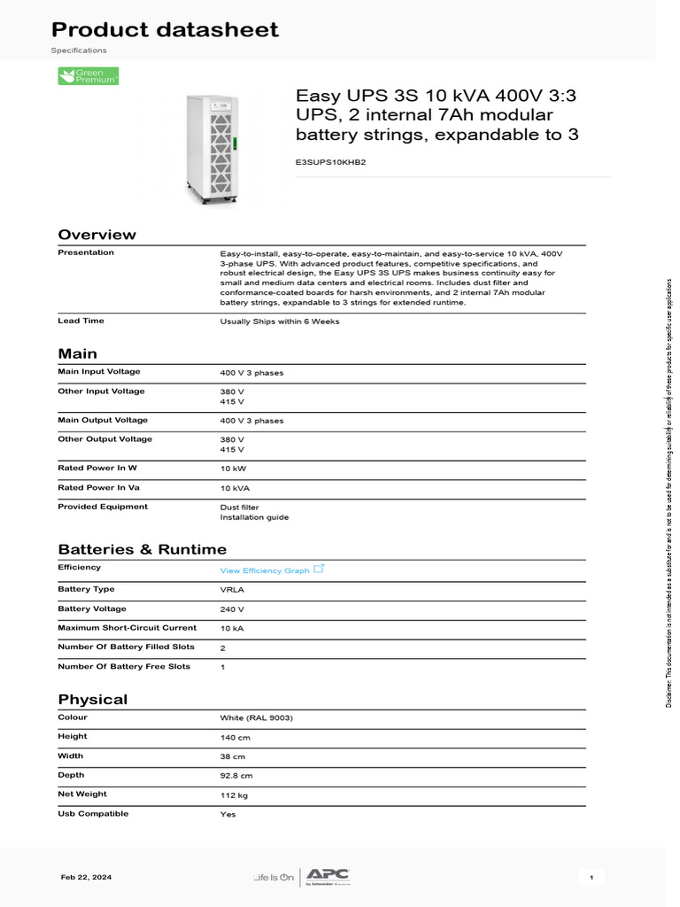Easy UPS 3S 10kVA 400V Specs | PDF | Mains Electricity | Electrical ...