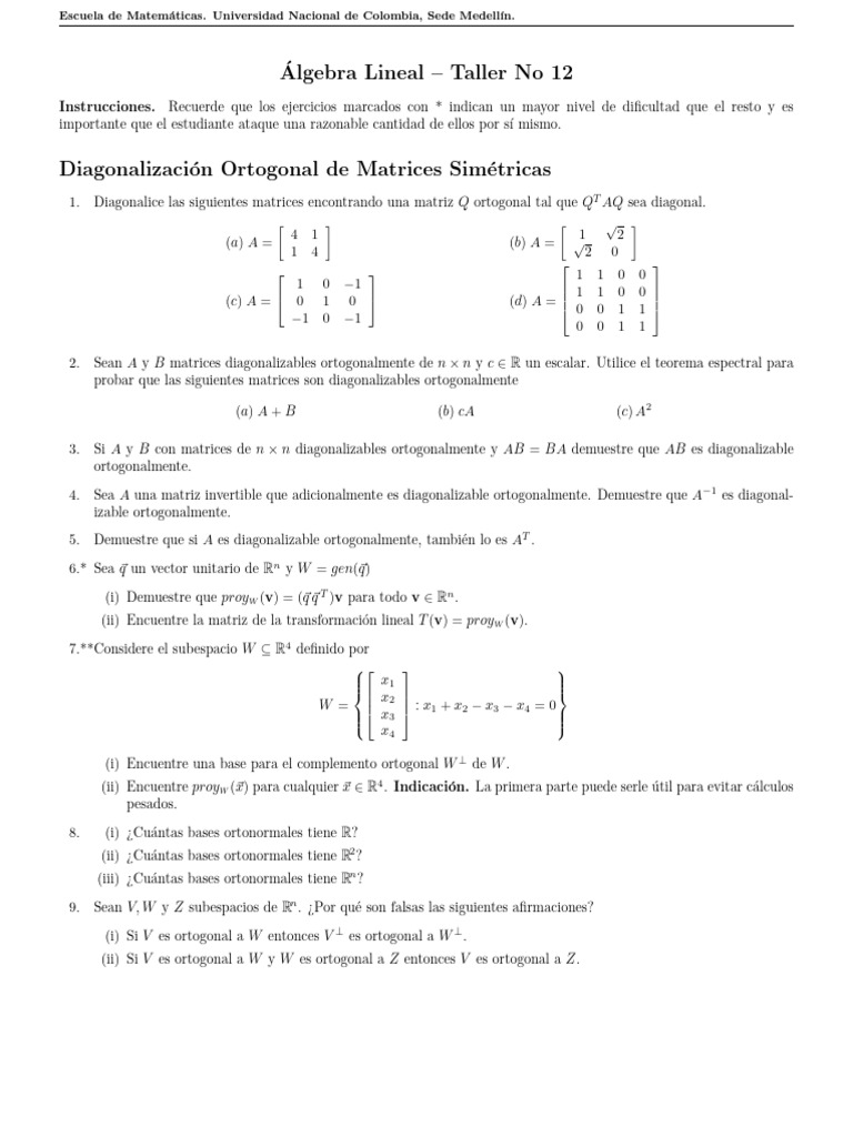 Taller 12 | PDF | Matriz (Matemáticas) | Teoría del operador