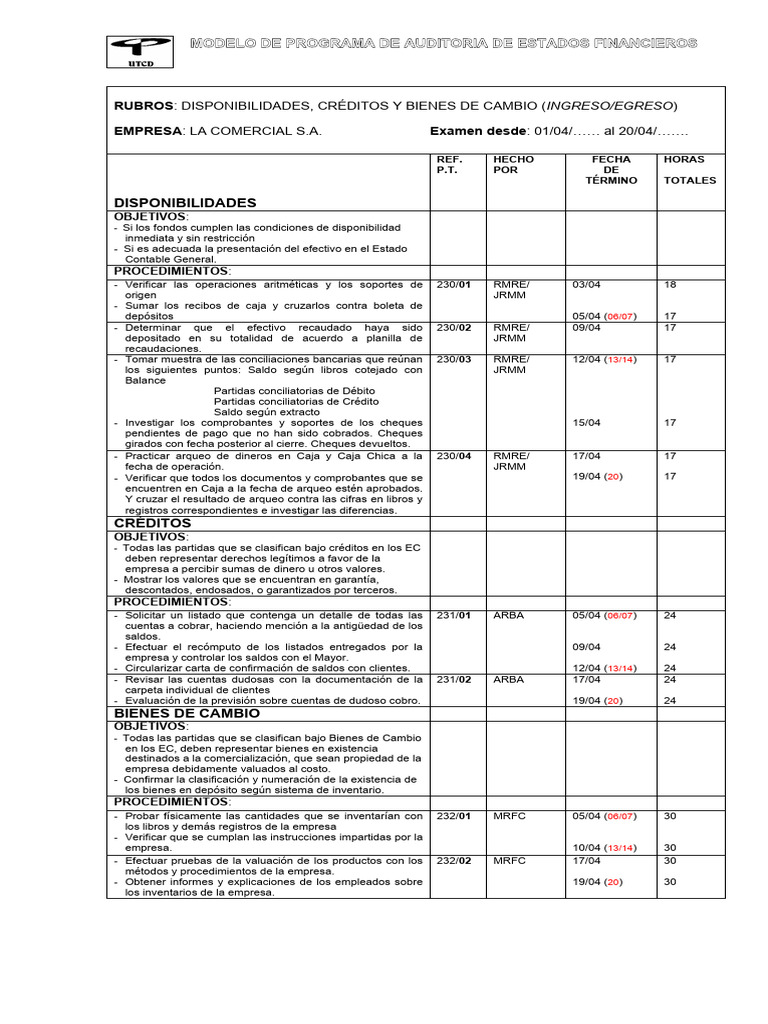 Modelo Programa de Auditoria Estados Financieros | PDF | Cheque | Business