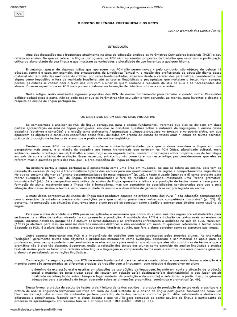 O Ensino de Língua Portuguesa e Os PCN's | PDF