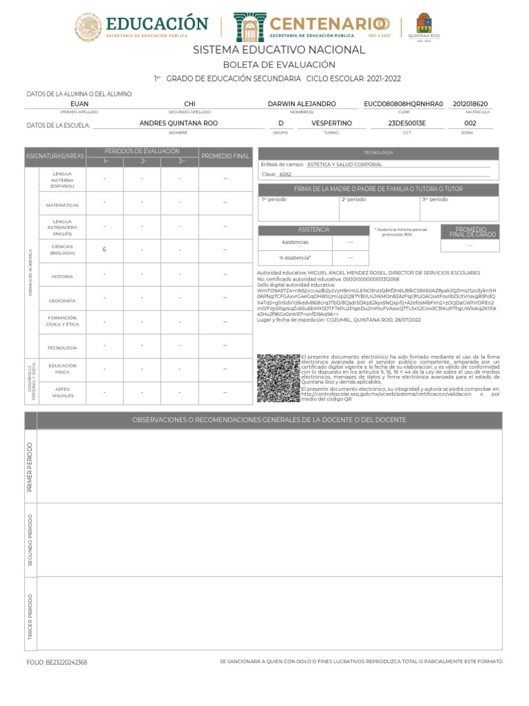 Calificaciones Secundaria 2022 Quintana Roo | PDF