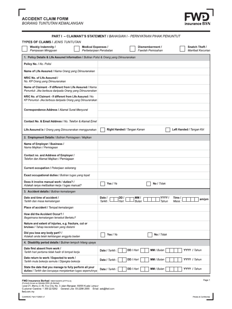 Accident Claim Form Part 1 | PDF