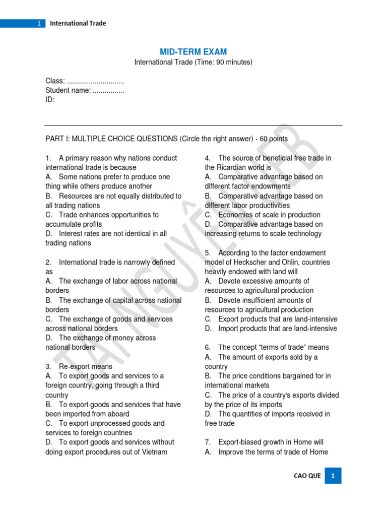 Intra-Industry Trade Exam Questions | PDF | Comparative Advantage | Tariff
