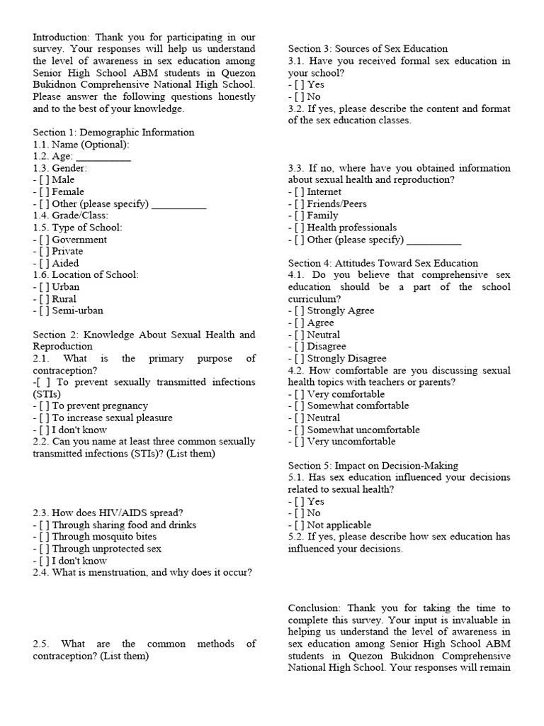 Survey Questionnaire Pdf Sex Education Human Reproduction