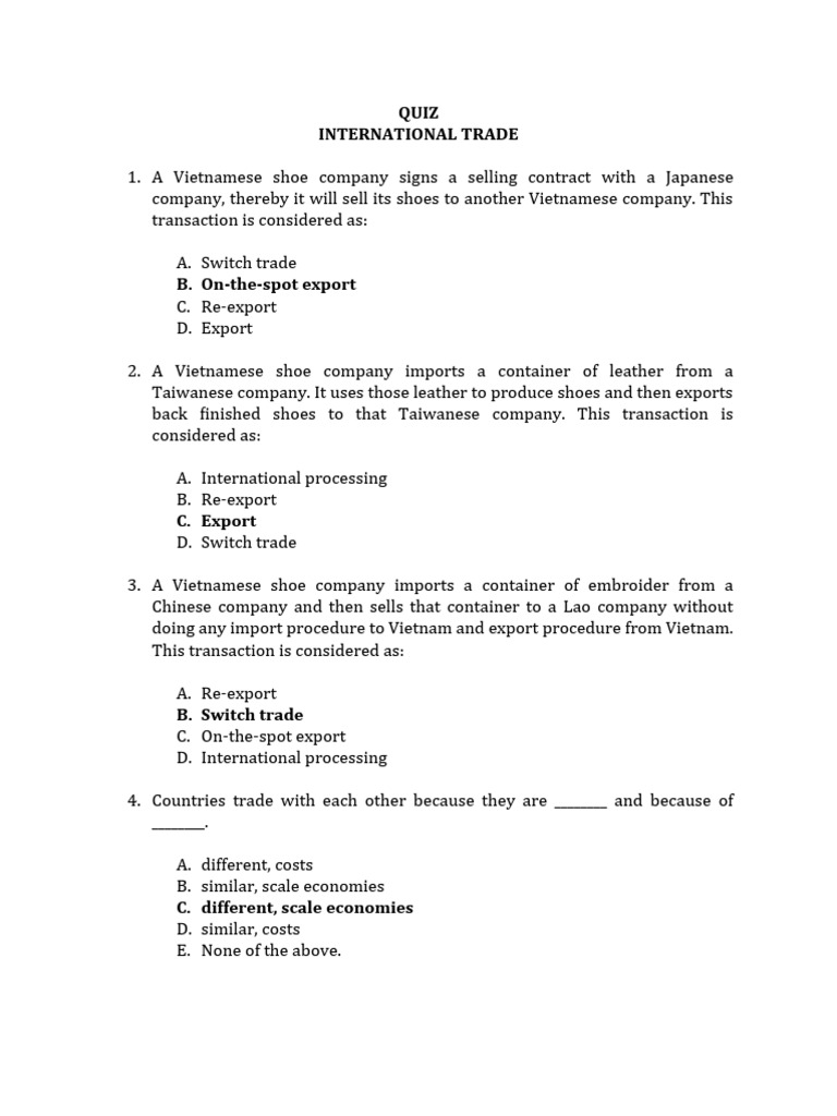 International Trade Quiz | PDF | Comparative Advantage | Labour Economics