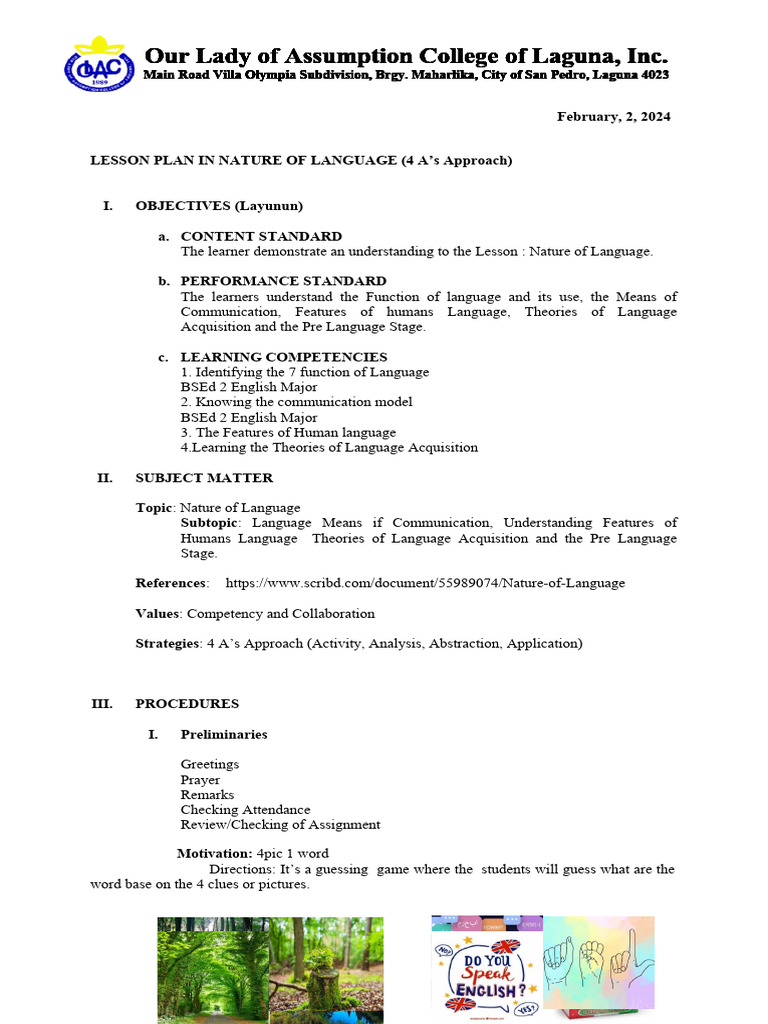 4As Lesson Plan Nature on Language Final | PDF | Semantics | Language Acquisition