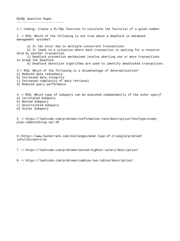 MySQL Question Paper | PDF