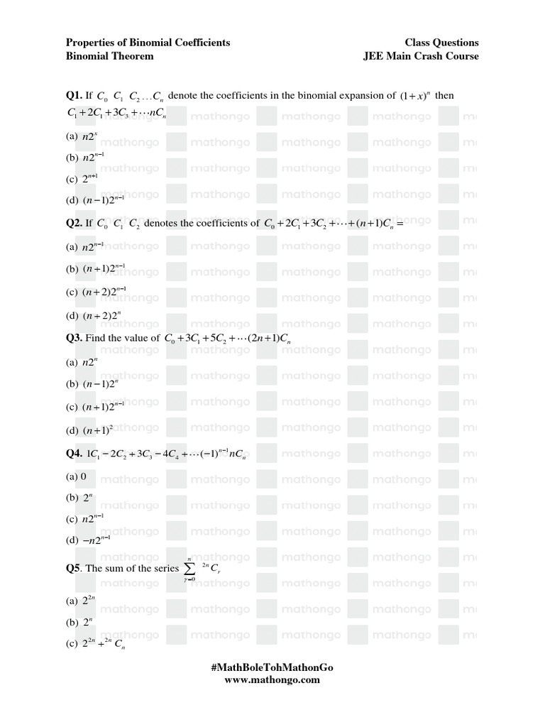 (OPTIONAL) Properties of Binomial Coefficients - Binomial Theorem ...