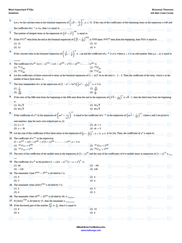 .Question Most Important PYQs Binomial Theorem JEE Main Crash Course MathonGo | PDF ...