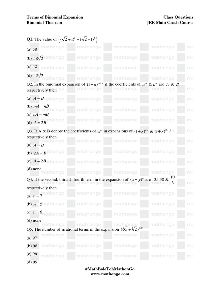 1terms of Binomial Expansion - Binomial Theorem - Class Question - JEE Main Crash Course | PDF ...