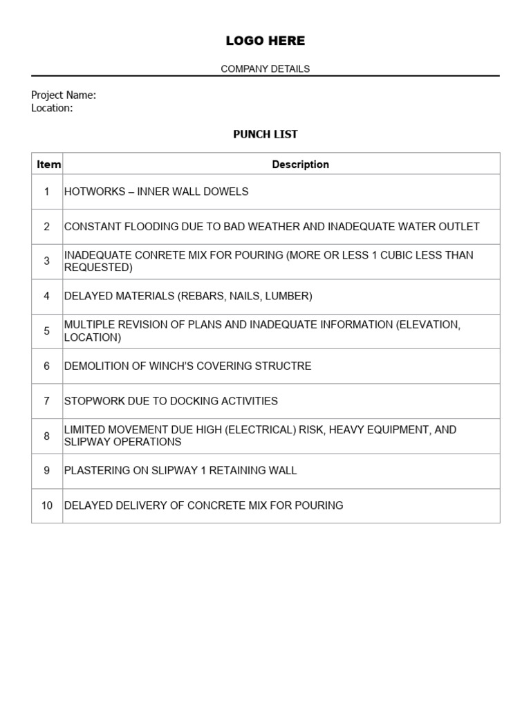 Construction Punchlist Sample | PDF