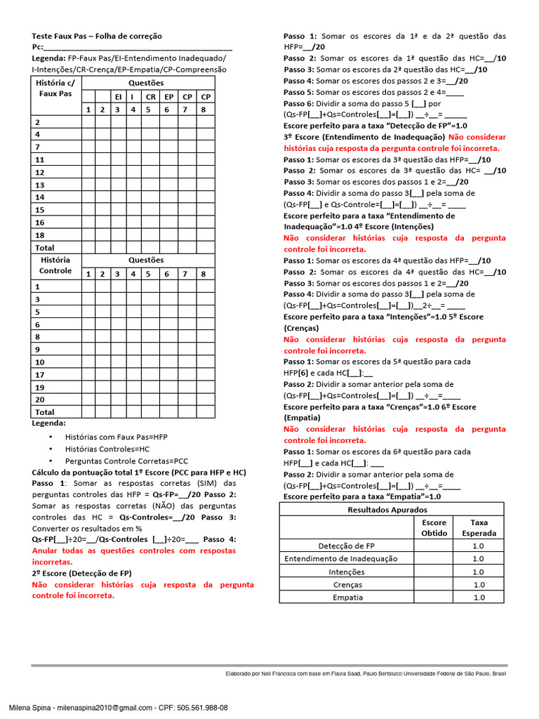 Teste Faux Pas-Folha de Correção | PDF