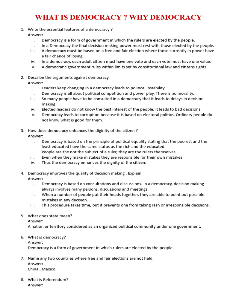What is Democracy Why Democracy (Q & a) | PDF | Democracy | Political ...