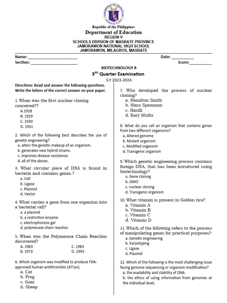 3rd Grading Examination Biotech | PDF | Molecular Cloning | Genetic Engineering