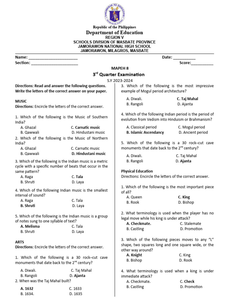 3rd Grading Examination MAPEH | PDF