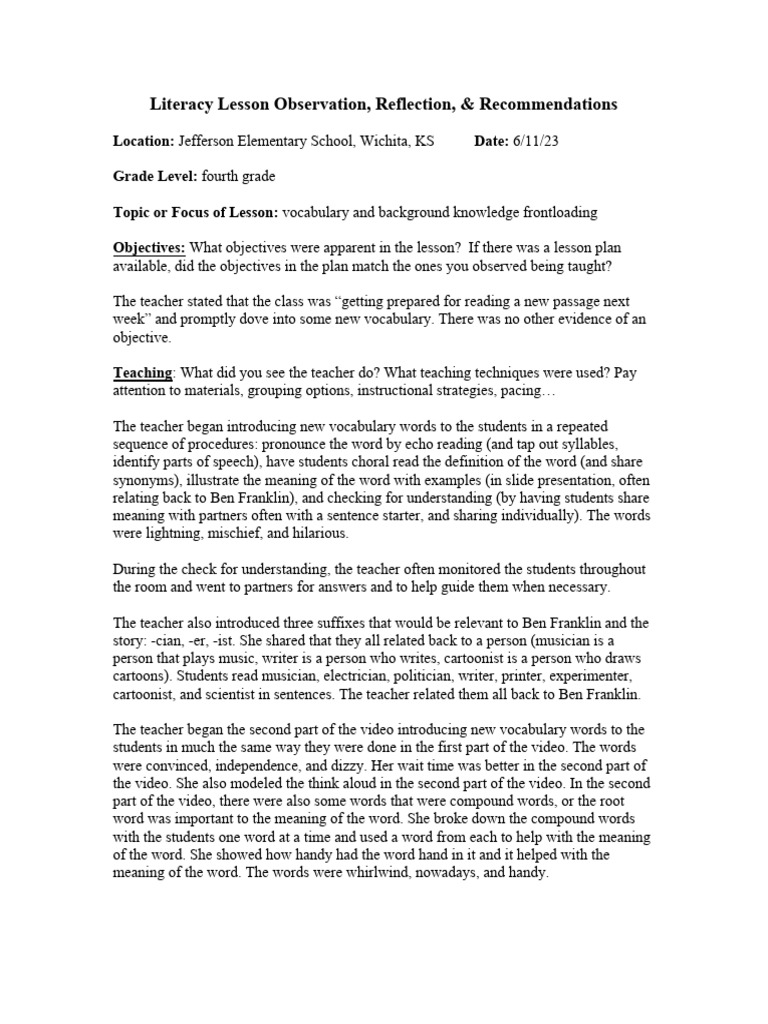 680 Literacy Lesson Observation | PDF | Educational Assessment | Vocabulary