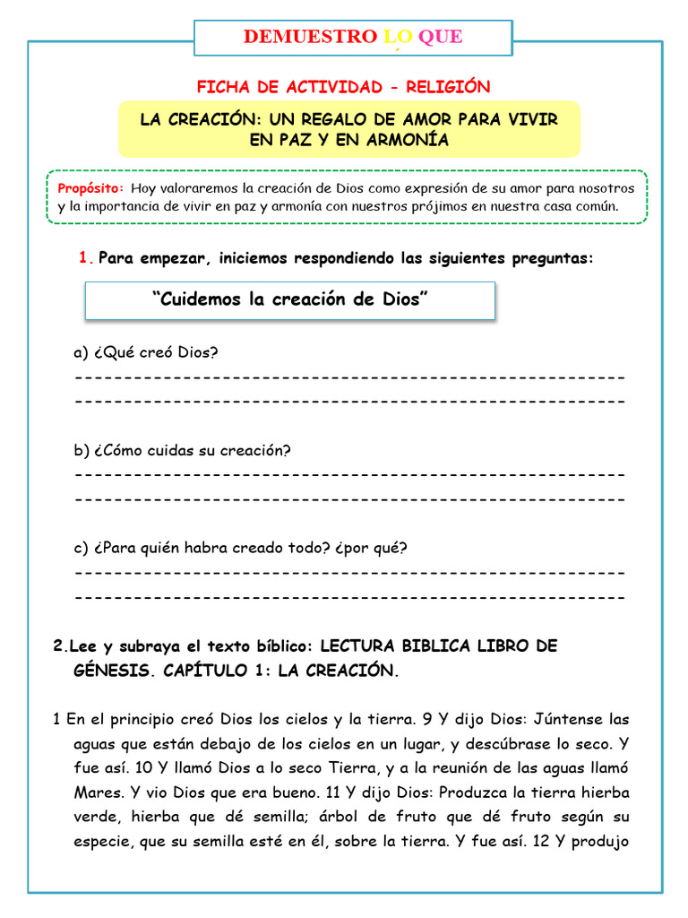 01. FICHA RELIGION-LA CREACIÓN UN REGALO DE AMOR PARA VIVIR EN PAZ Y EN ...