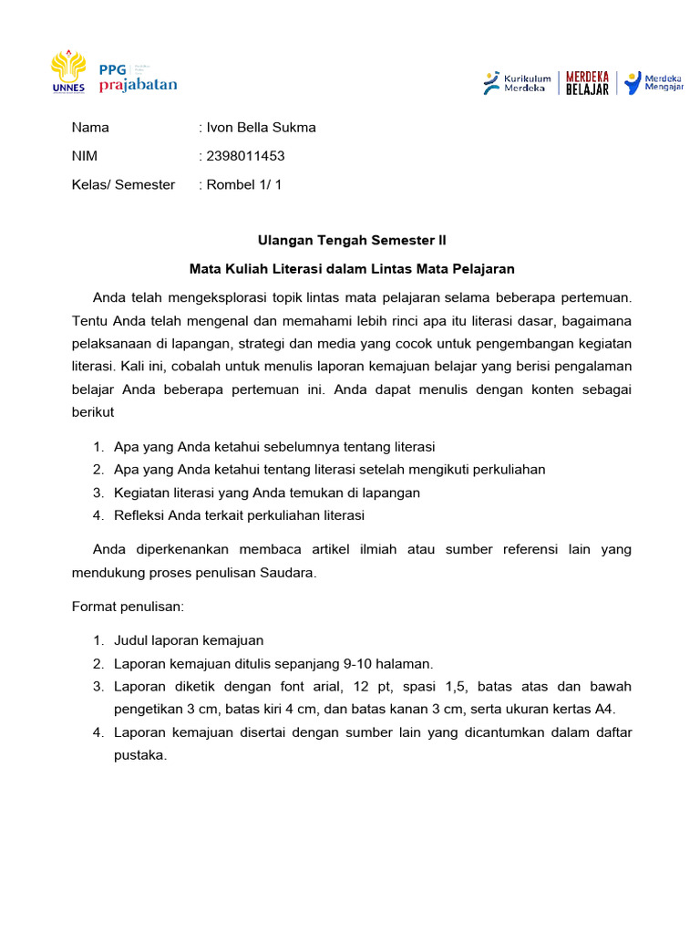 Laporan Kemajuan Literasi Lintas Mata Pelajaran | PDF