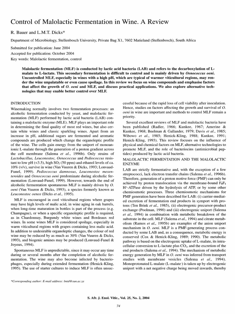 Control of Malolactic Fermentation in Wine | PDF | Grape | Fermented Drinks