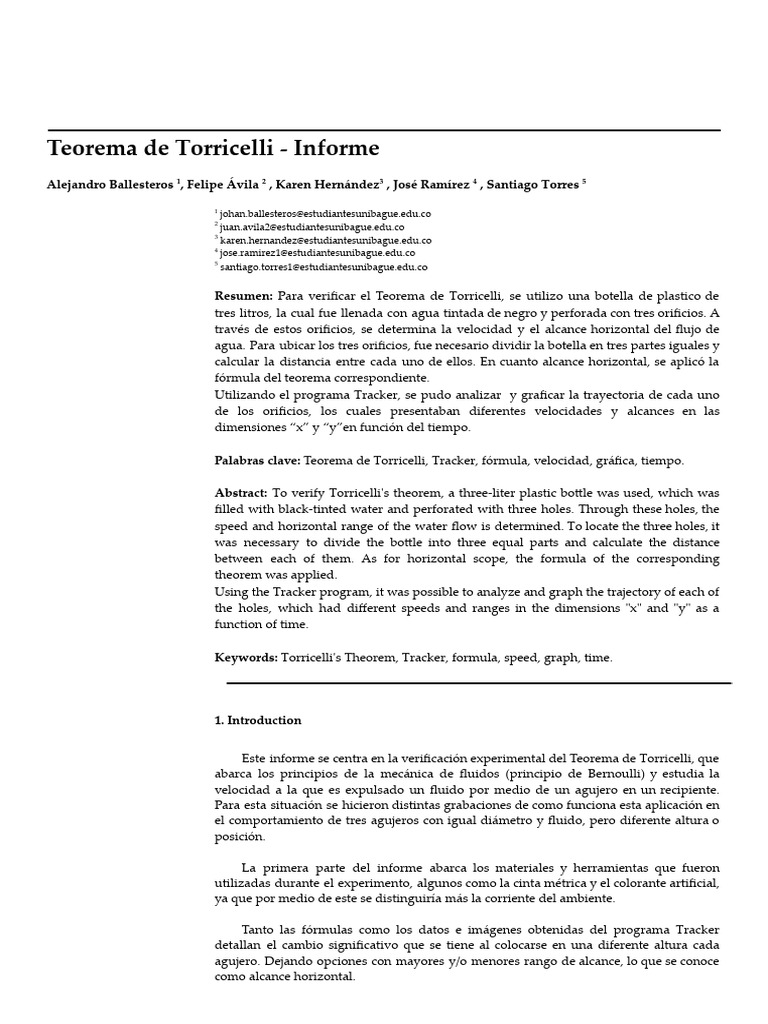 Informe Teorema de Torricelli | PDF | Mecanica clasica | Mecánica de ...