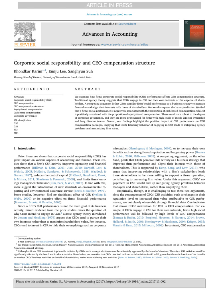 Corporate Social Responsibility and CEO Compensation Structure | PDF ...