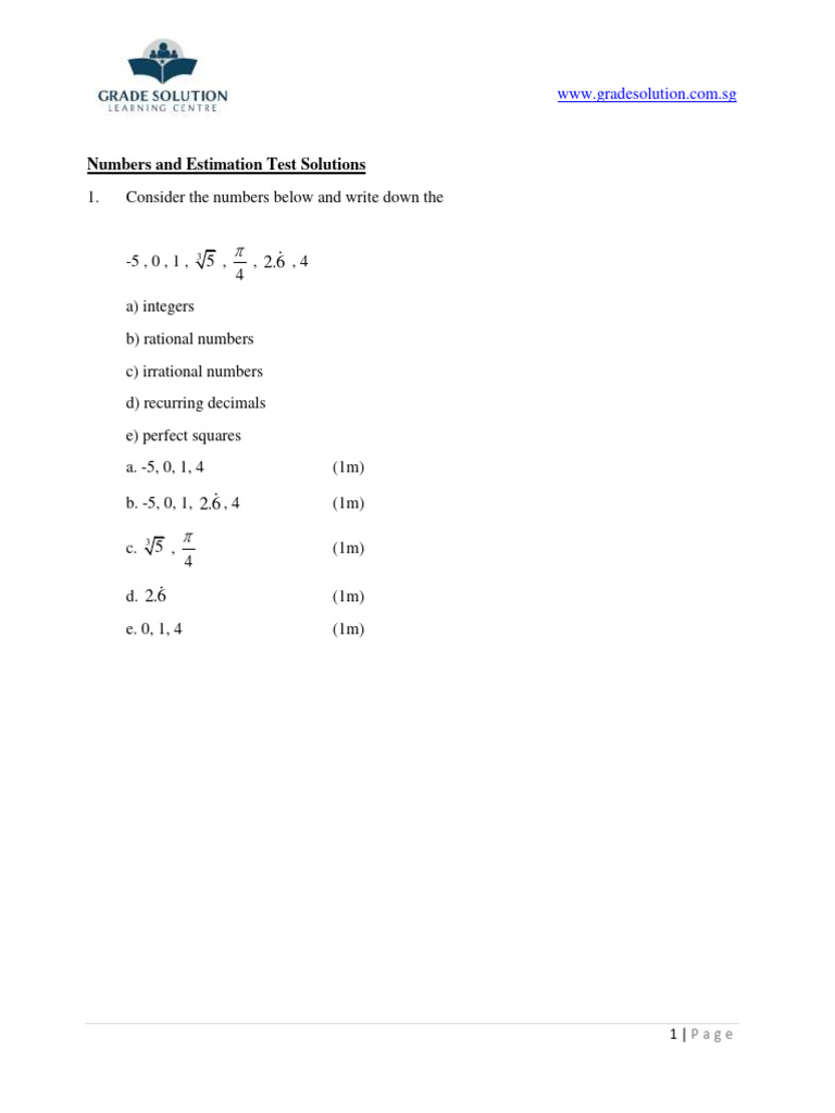 Sec 1 Test - Numbers and Estimation - Soluti | PDF | Elementary ...