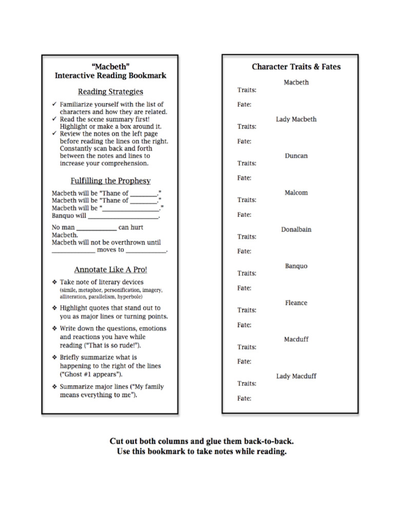 Macbeth Bookmark and Character Flipbook | PDF