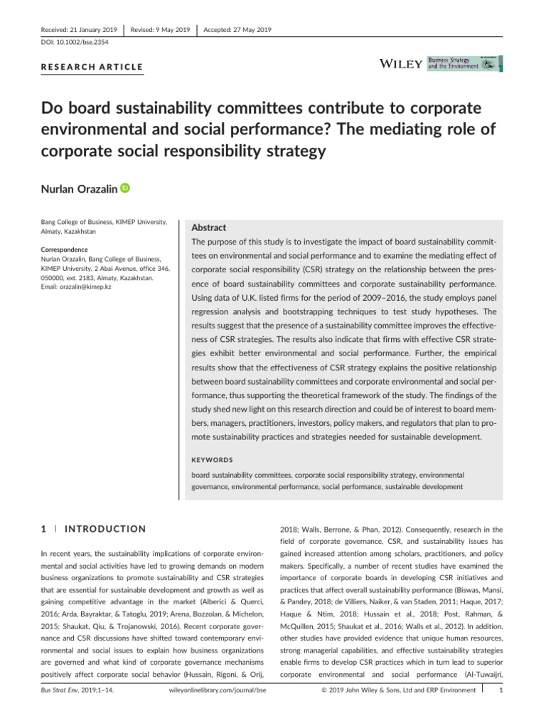 Do Board Sustainability Committees Contribute To Corporate Environmental and Social Performance ...