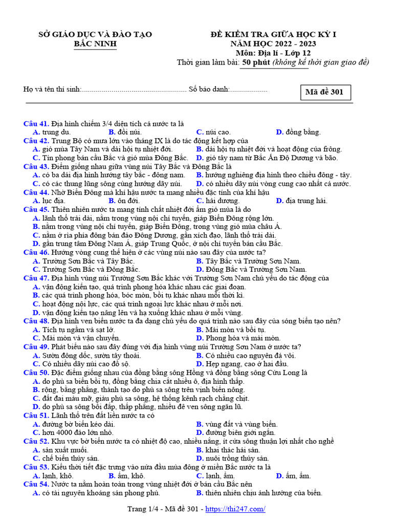 De Kiem Tra Giua Hoc Ky 1 Dia Li 12 Nam Hoc 2022 2023 So GDDT Bac Ninh | PDF