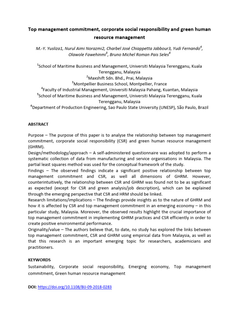 Top Management Commitment, Corporate Social Responsibility and Green ...