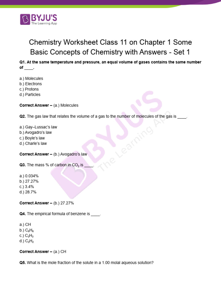 Class 11 Chemistry: Basic Concepts Worksheet | PDF | Gases | Atoms