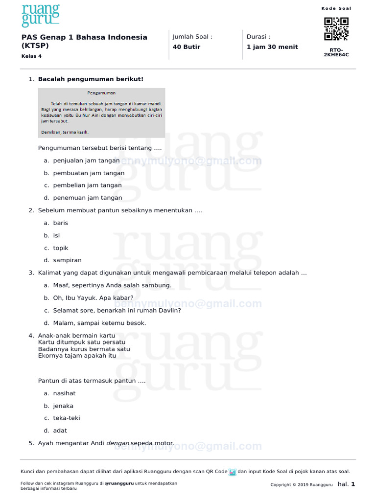 RTO-2KHE64C - Soal Bhs Indo - KTSP - 1 | PDF